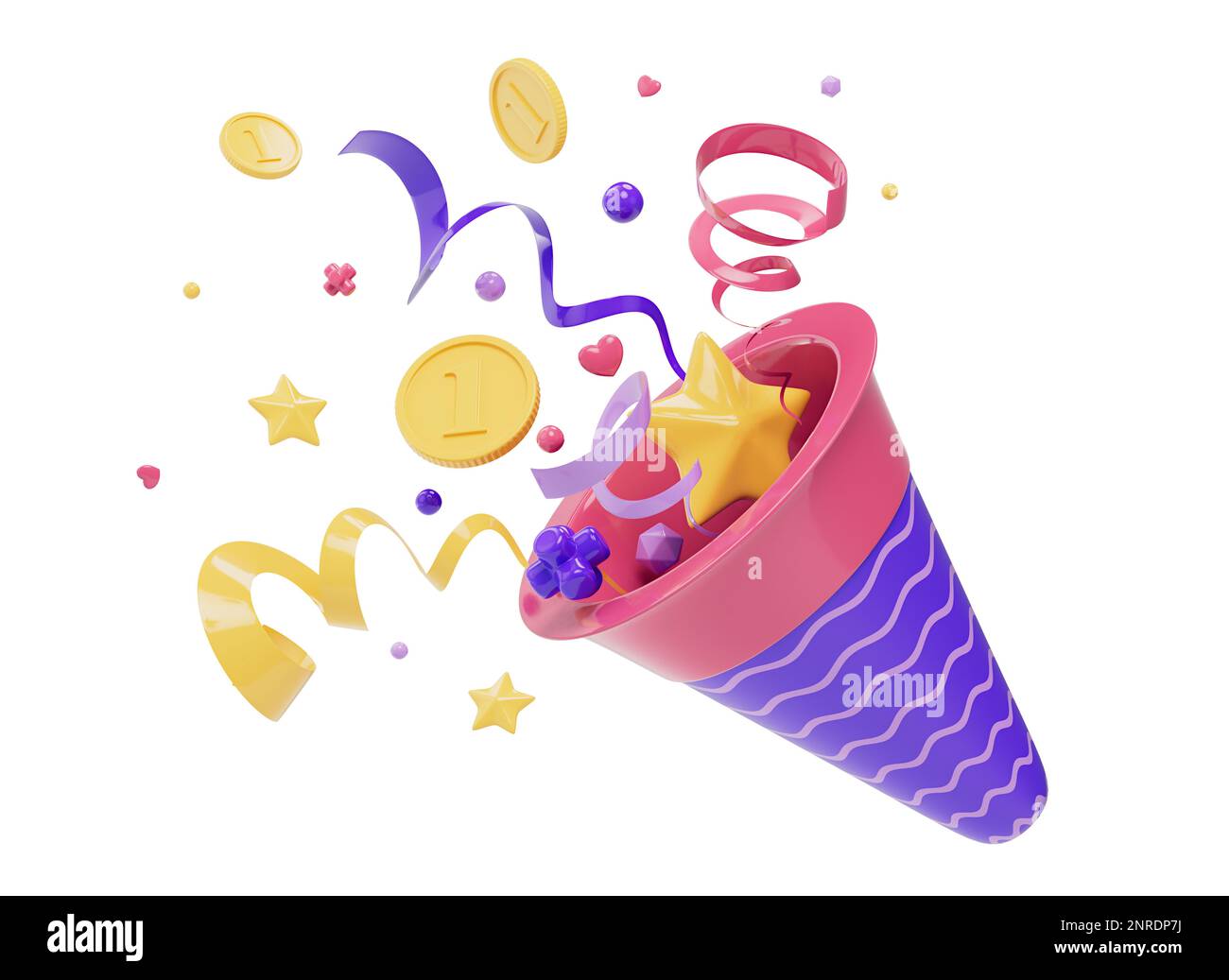 Colorful 3D party popper with confetti coins and shapes Stock Photo - Alamy