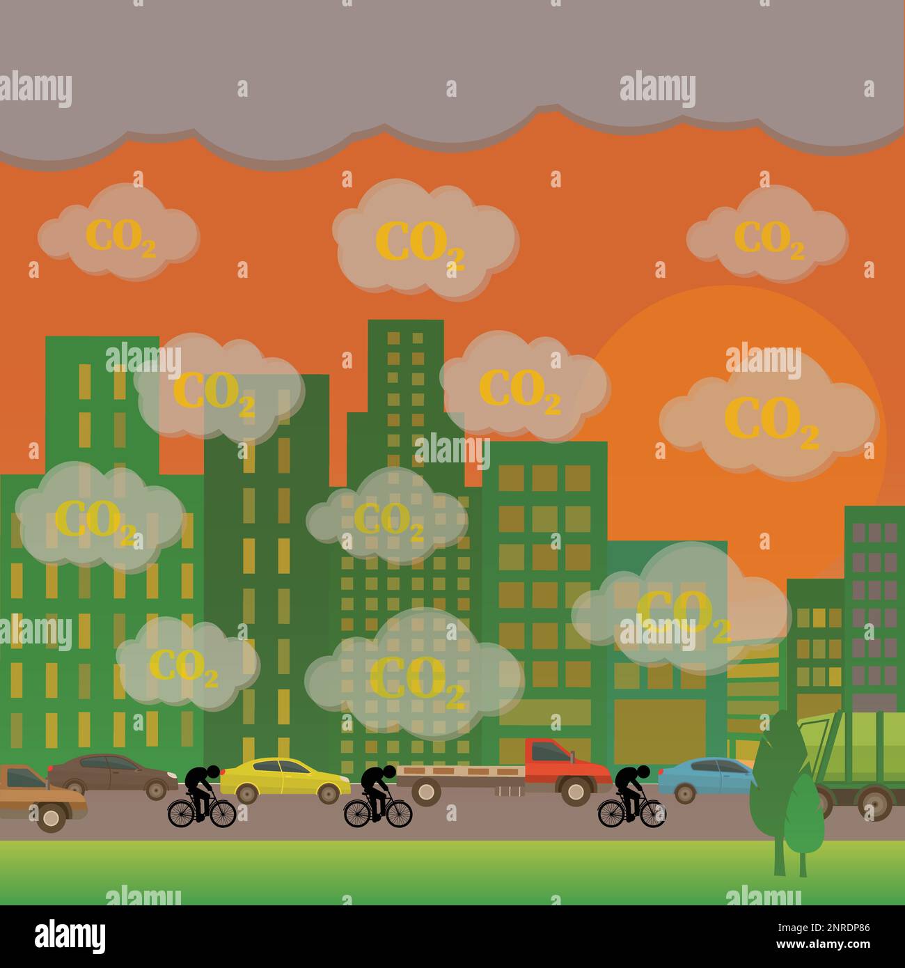 Polluted road in a town with clouds above that have co2 symbol on them ...