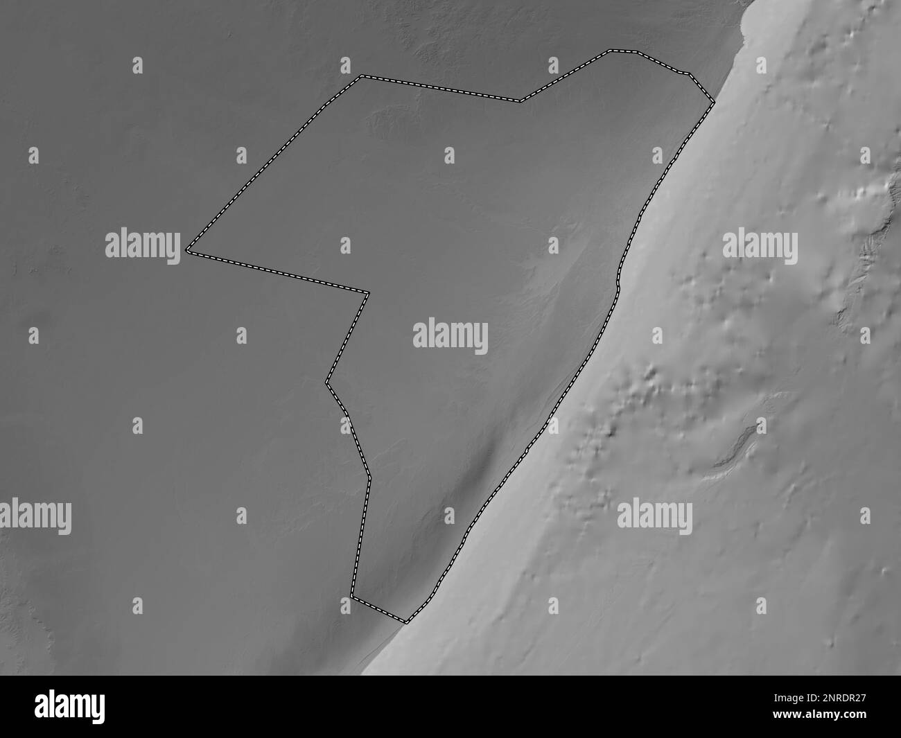 Mudug, region of Somalia. Grayscale elevation map with lakes and rivers ...