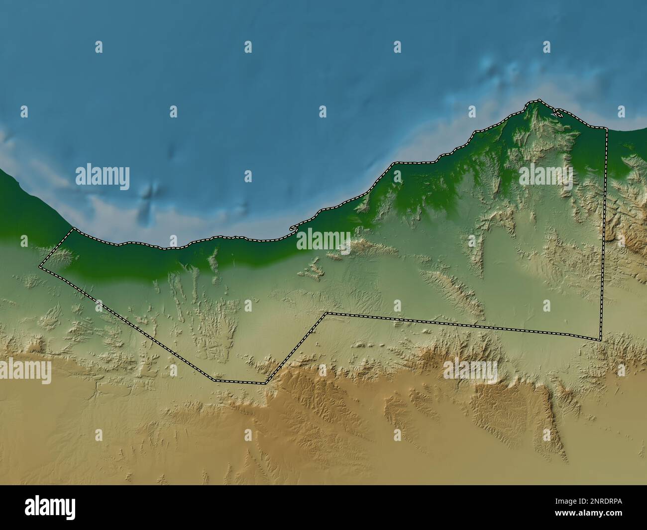 Sahil, region of Somalia. Colored elevation map with lakes and rivers ...