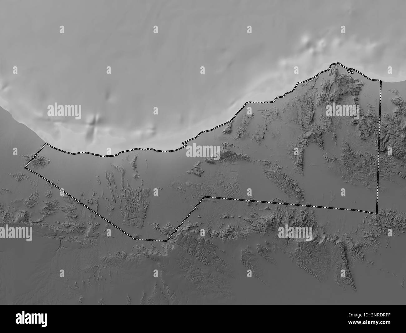 Sahil, region of Somalia. Grayscale elevation map with lakes and rivers ...