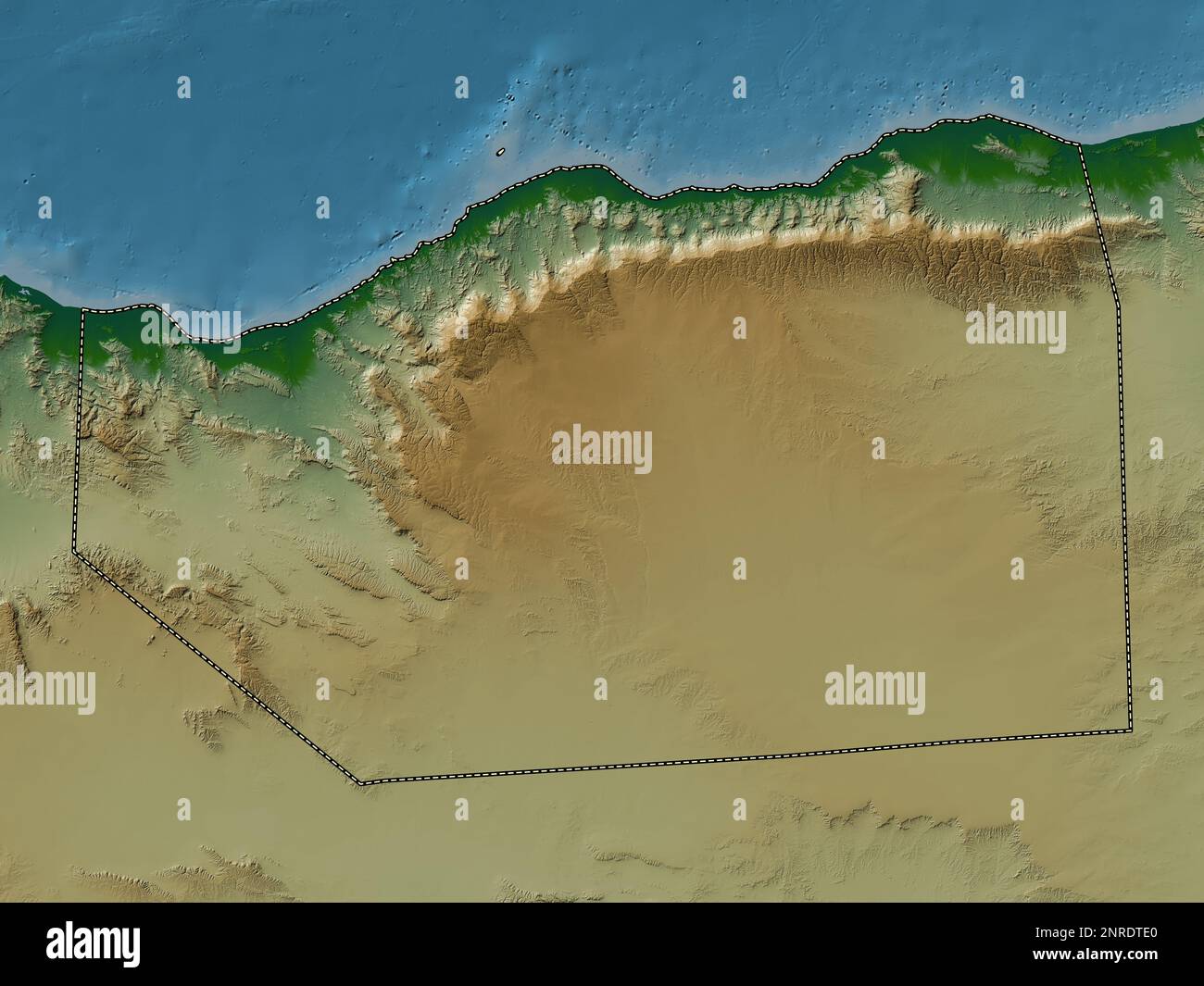 Sanaag, region of Somalia. Colored elevation map with lakes and rivers ...