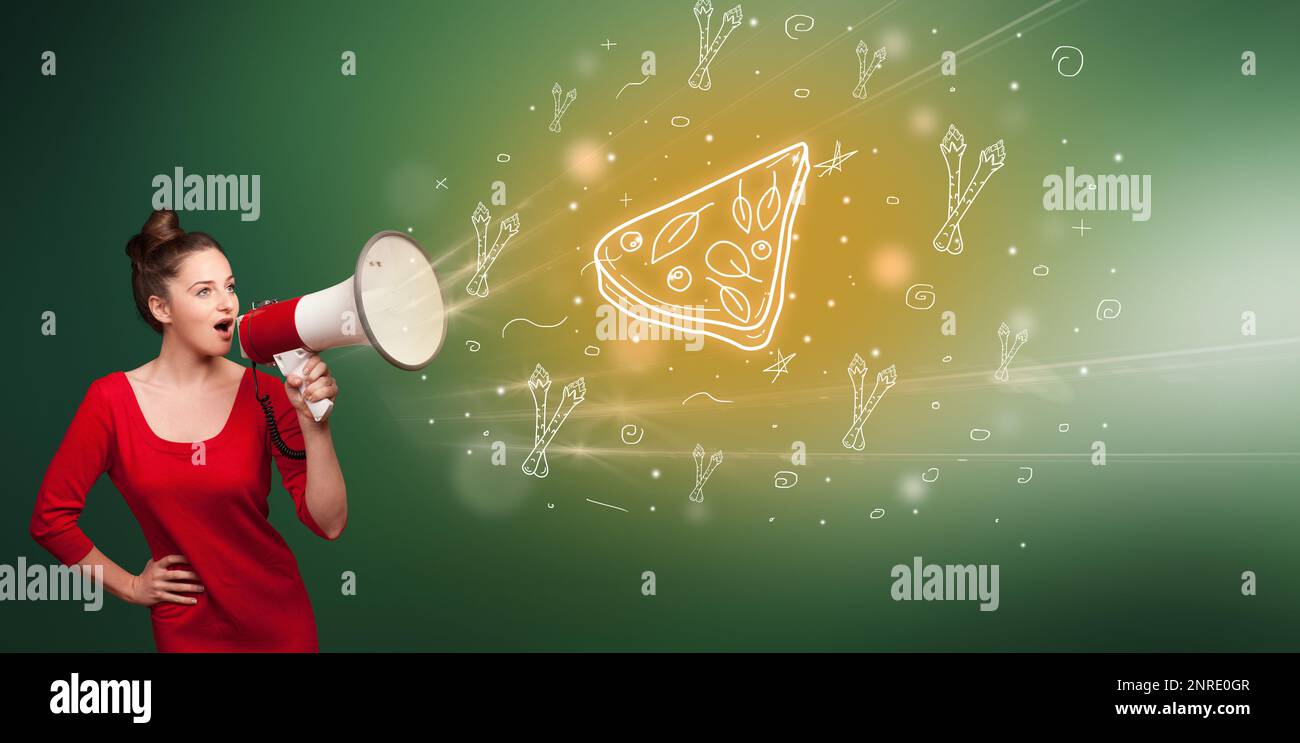 Young person with megaphone and healthy food icon Stock Photo - Alamy