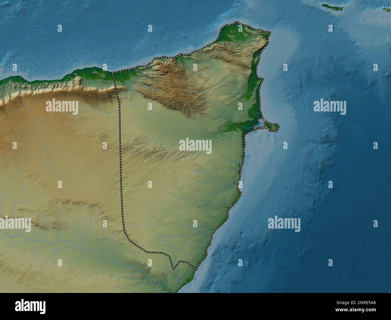 Bari, region of Somalia Mainland. Colored elevation map with lakes and ...