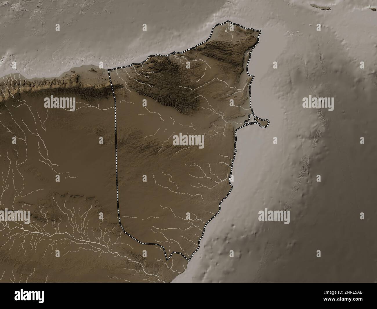 Bari, region of Somalia Mainland. Elevation map colored in sepia tones ...