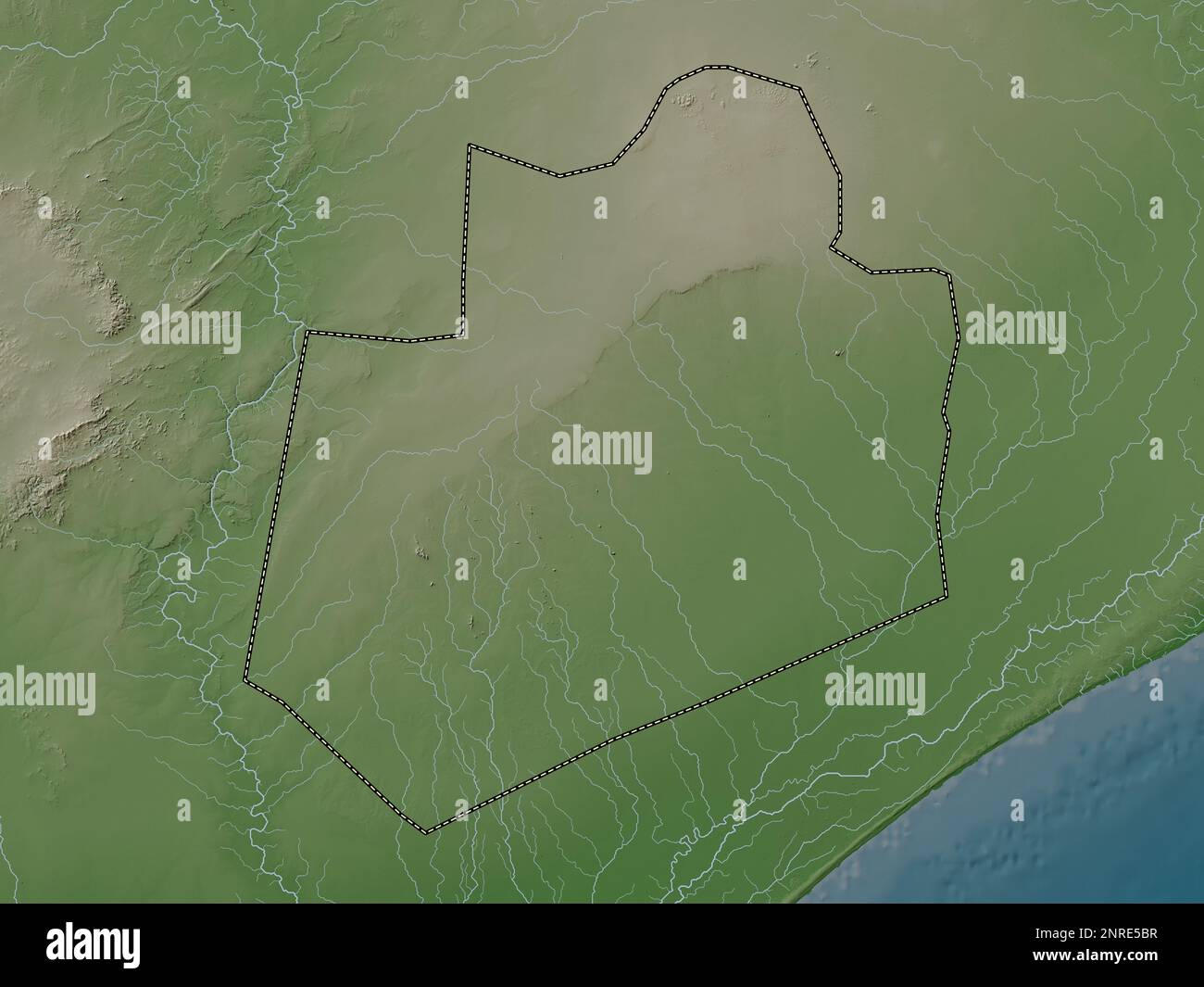 Bay, region of Somalia Mainland. Elevation map colored in wiki style with lakes and rivers Stock ...