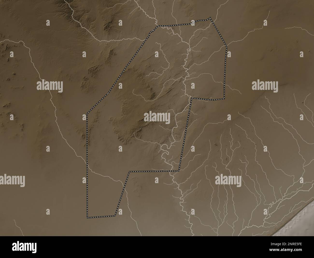Gedo, region of Somalia Mainland. Elevation map colored in sepia tones with lakes and rivers ...