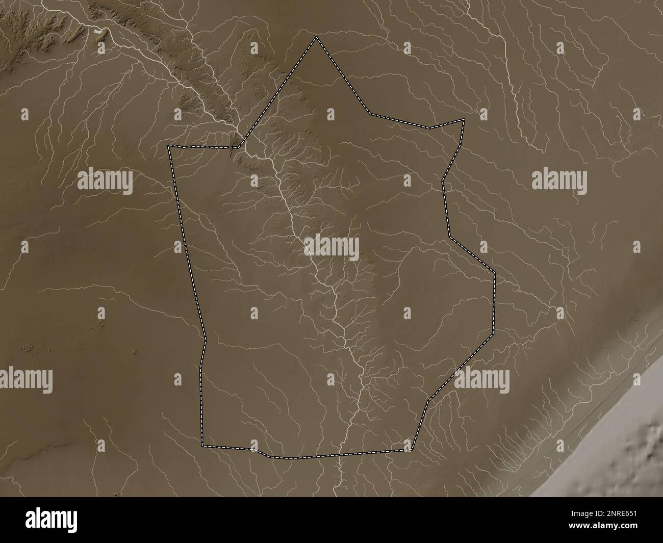 Hiiraan, region of Somalia Mainland. Elevation map colored in sepia ...