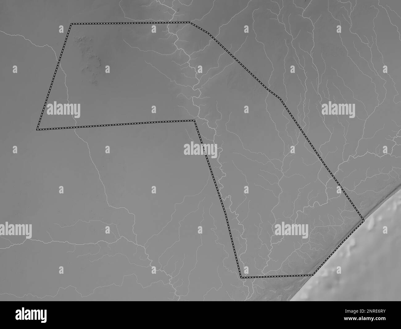 Jubbada Dhexe, region of Somalia Mainland. Grayscale elevation map with ...