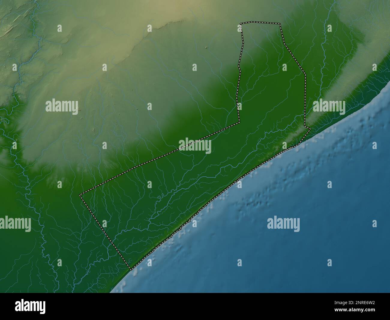 Shabeellaha Hoose, region of Somalia Mainland. Colored elevation map with lakes and rivers Stock ...