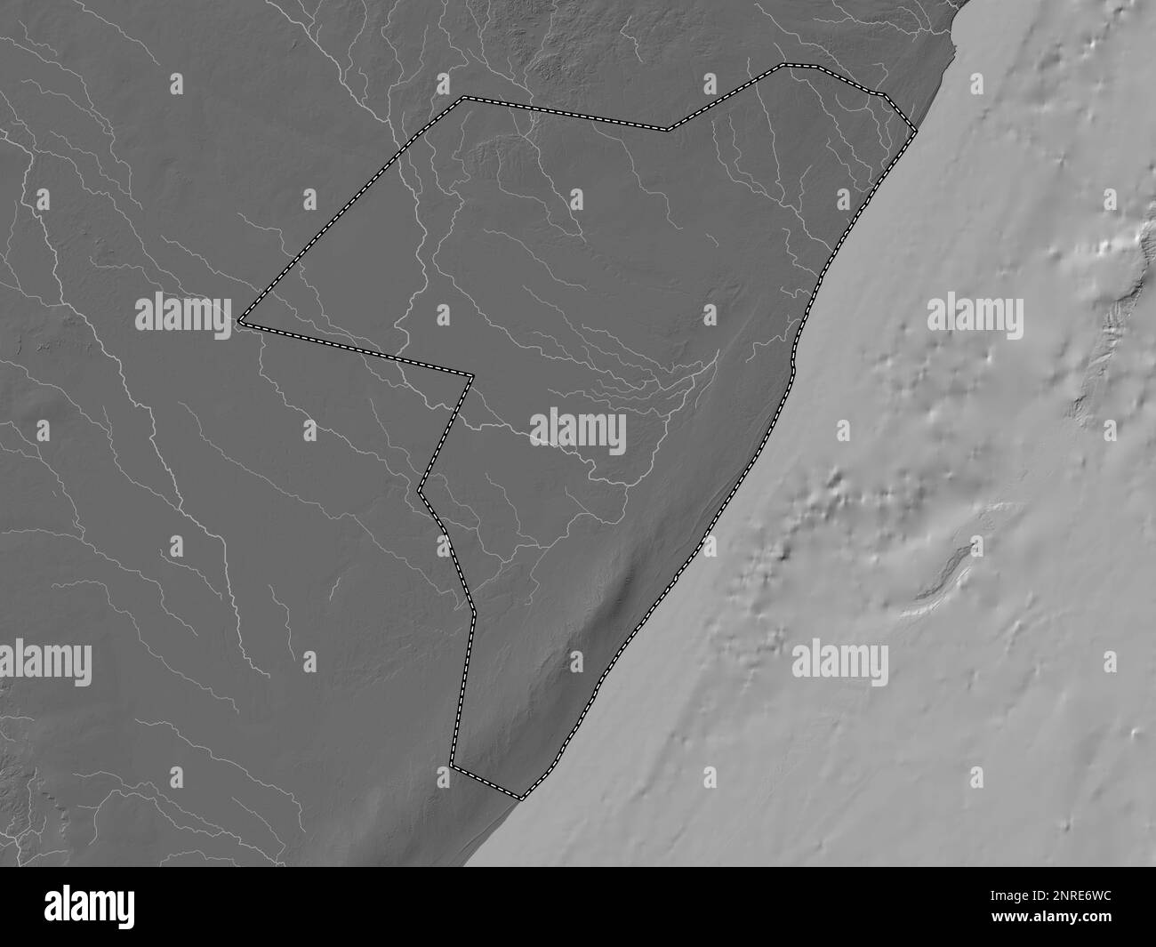 Mudug, region of Somalia Mainland. Bilevel elevation map with lakes and ...