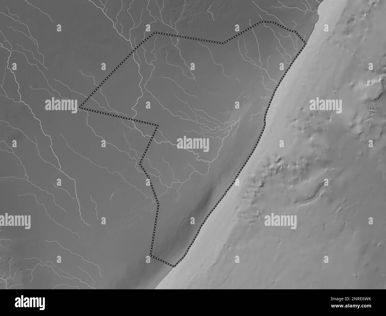 Mudug, region of Somalia Mainland. Grayscale elevation map with lakes and rivers Stock Photo - Alamy