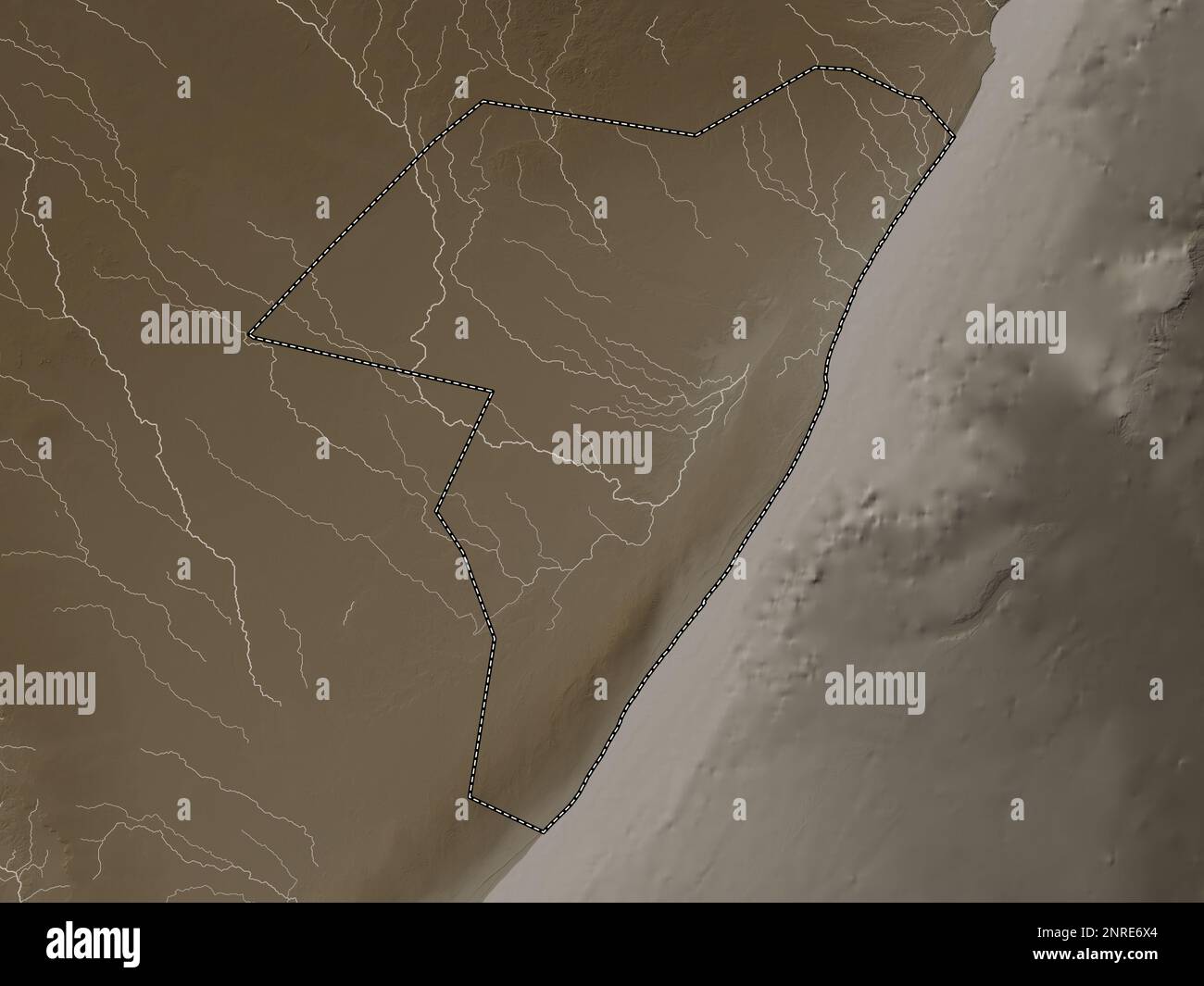 Mudug, region of Somalia Mainland. Elevation map colored in sepia tones with lakes and rivers ...