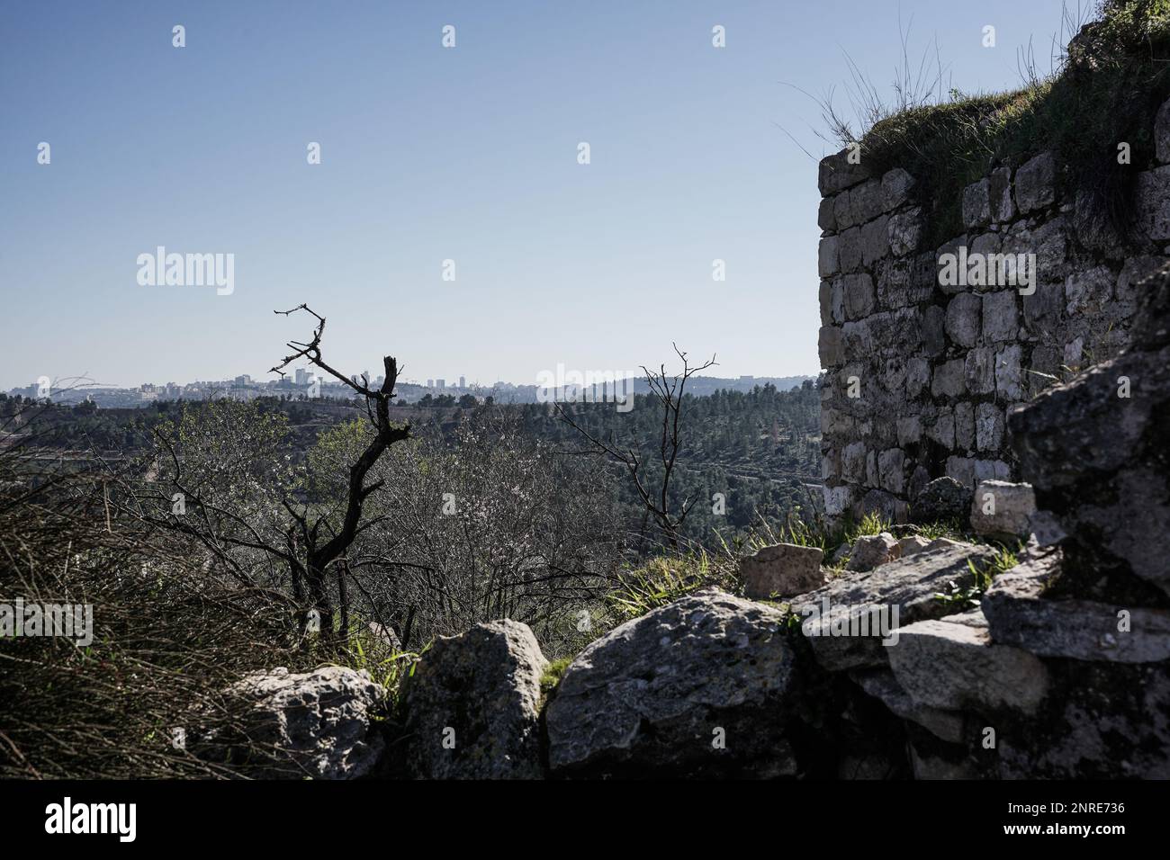 A view of Tel Tzuba in the Jerusalem Hills and the ruins of the Belmont ...