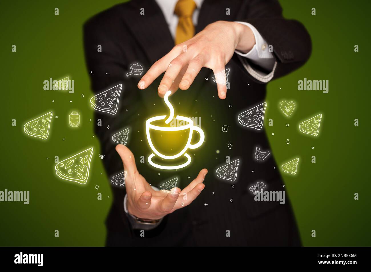 Hand holding food related icons Stock Photo - Alamy