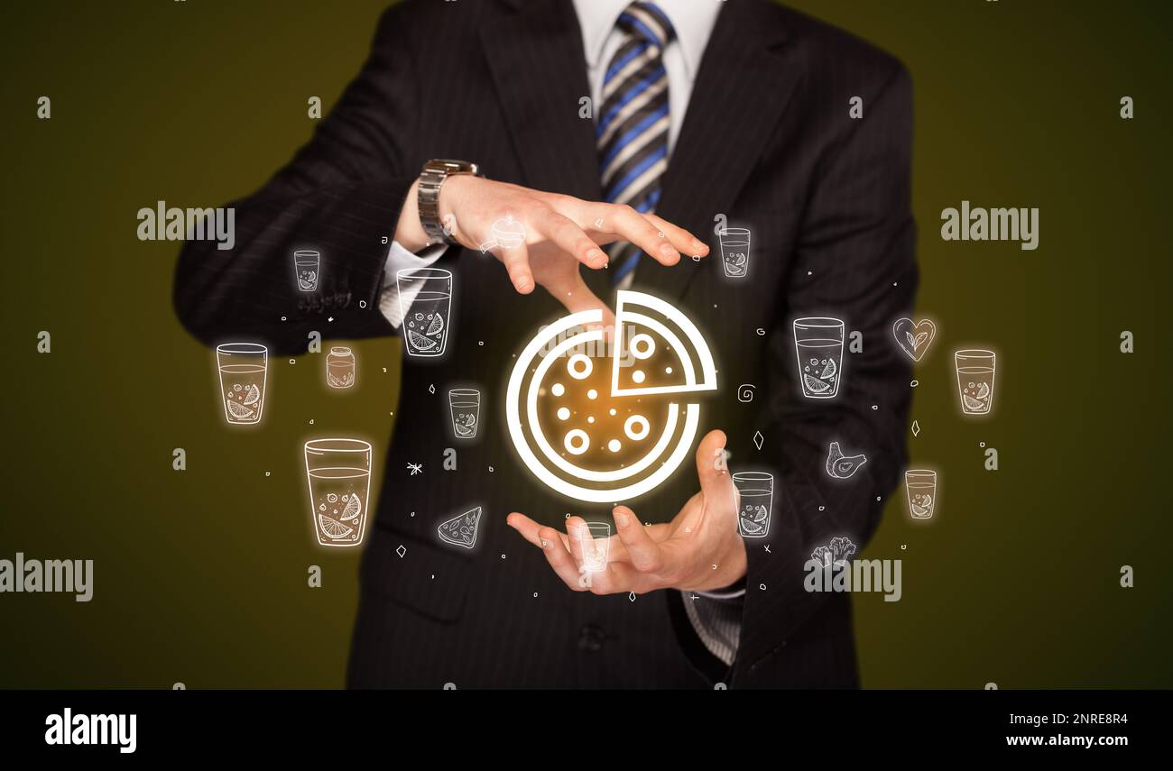 Hand holding food related icons Stock Photo - Alamy