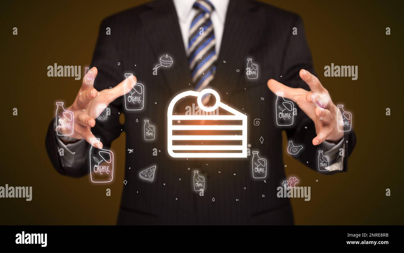 Hand holding food related icons Stock Photo - Alamy