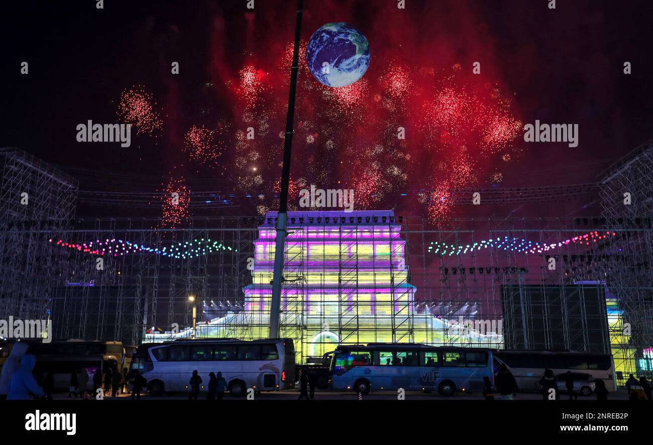 Fireworks explode during a ceremony on the opening night of the Harbin ...