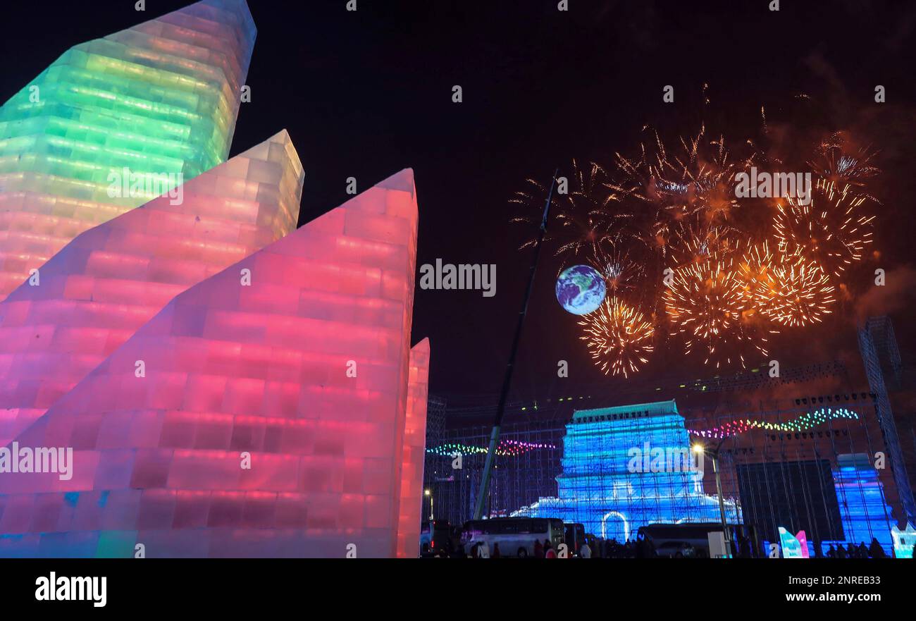 Fireworks explode during a ceremony on the opening night of the Harbin ...