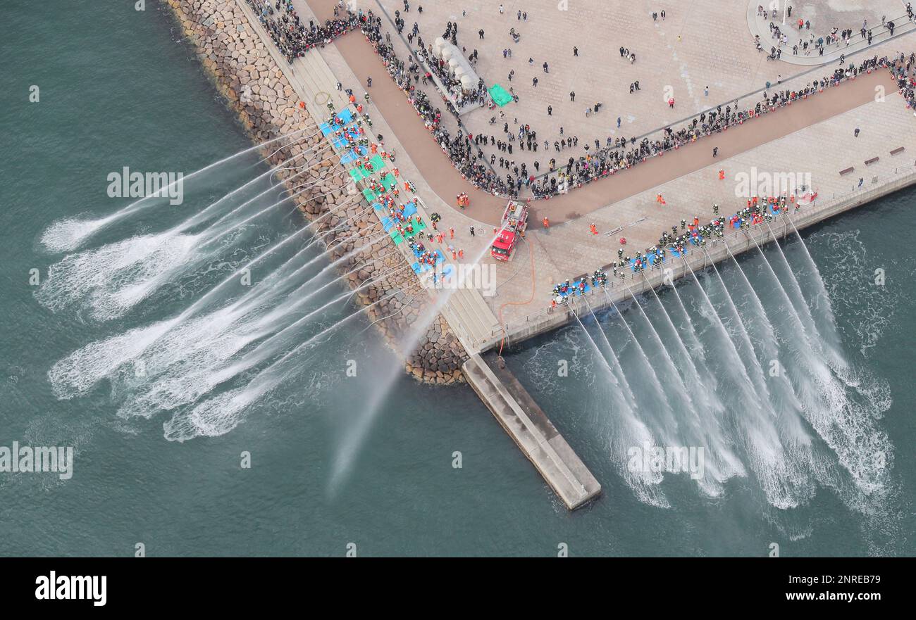 An aerial photo shows New Year's parade of fire department brigades in ...