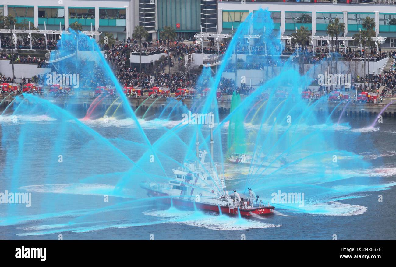 An aerial photo shows New Year's parade of fire department brigades in ...