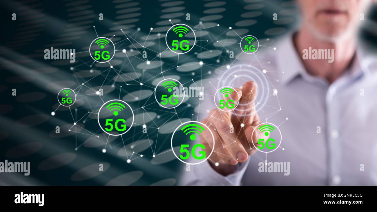 Man touching a 5g concept on a touch screen with his finger Stock Photo ...
