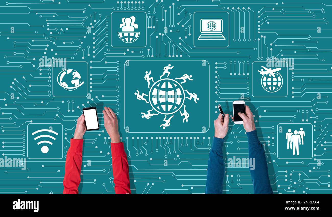 Top view of hands using mobile phone with symbol of globalization ...