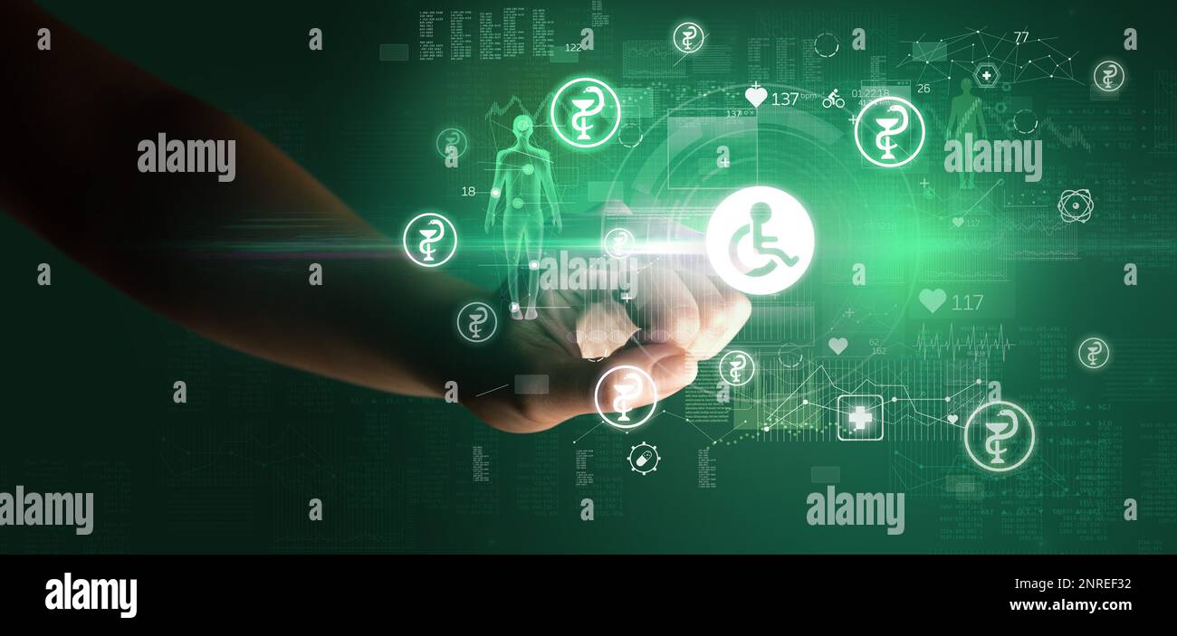 Doctor hand pressing futuristic health device with medical symbol on screen Stock Photo - Alamy