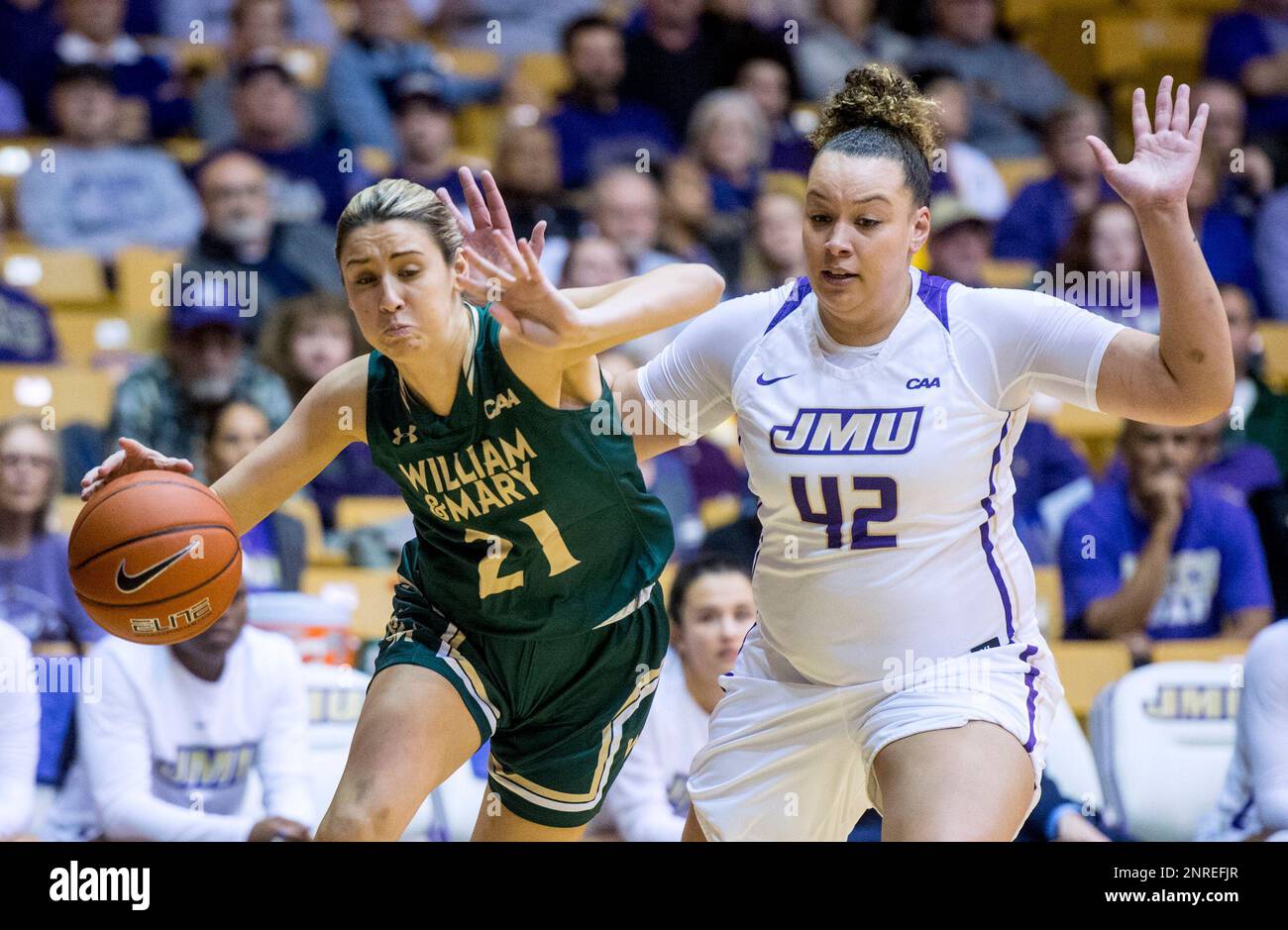 William & Mary forward Bailey Eichner (21) drives around James Madison ...
