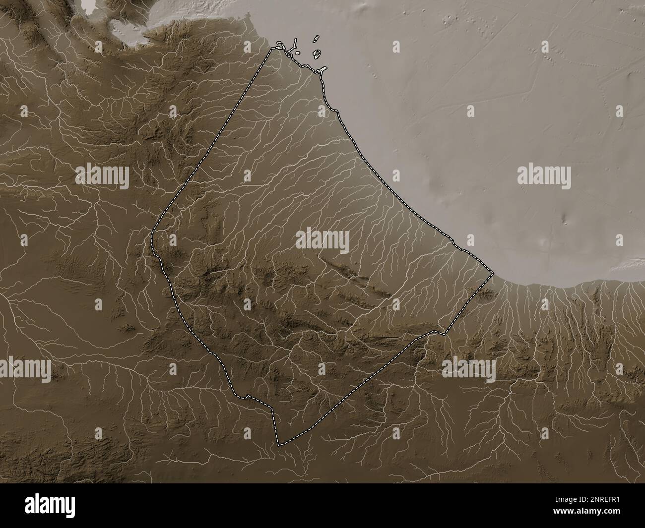 Awdal, region of Somaliland. Elevation map colored in sepia tones with ...
