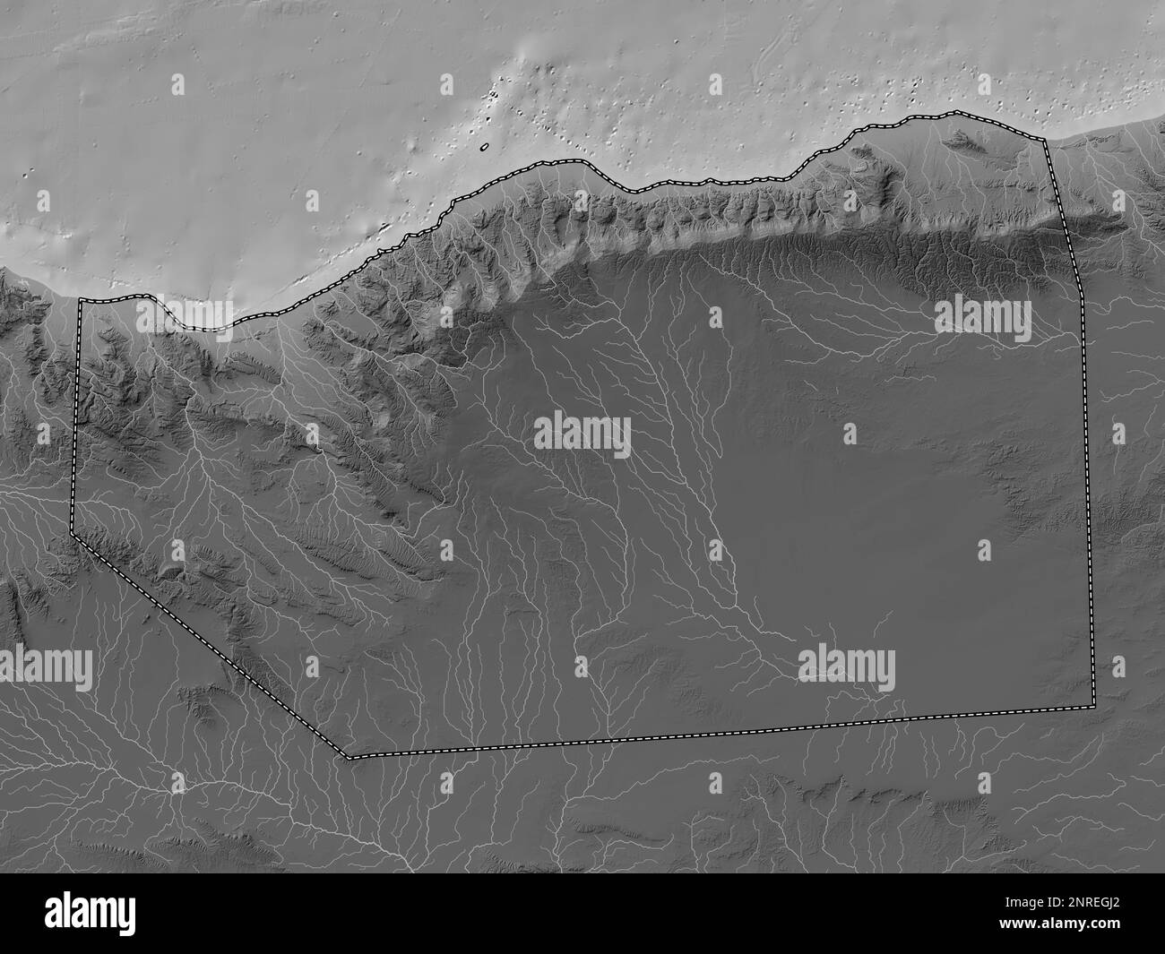 Sanaag, region of Somaliland. Grayscale elevation map with lakes and ...