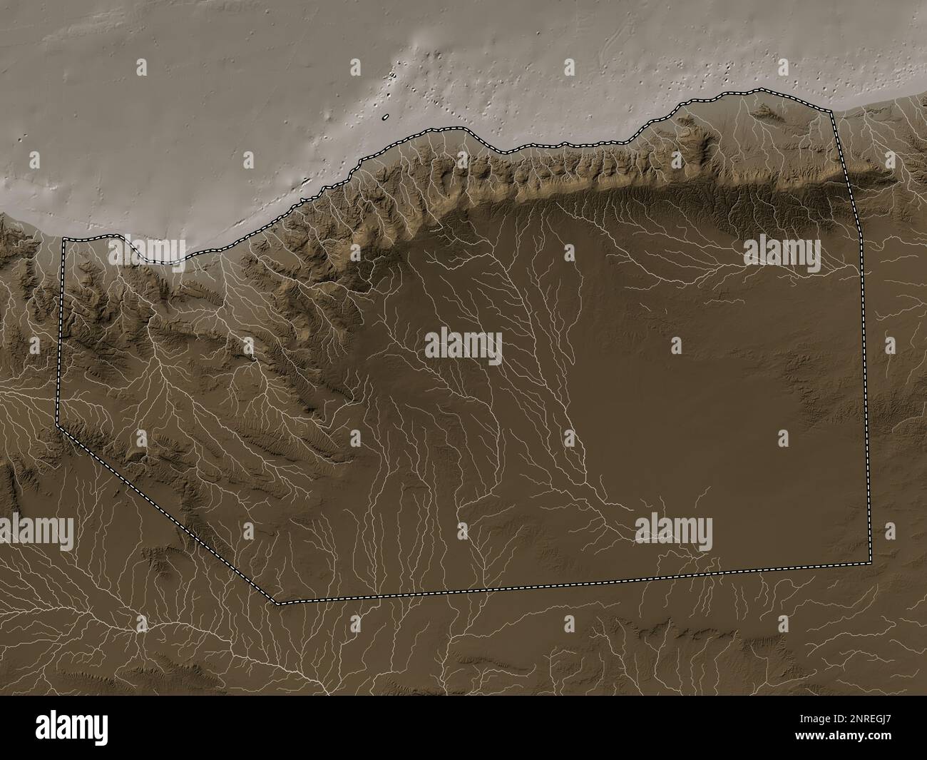 Sanaag, region of Somaliland. Elevation map colored in sepia tones with ...