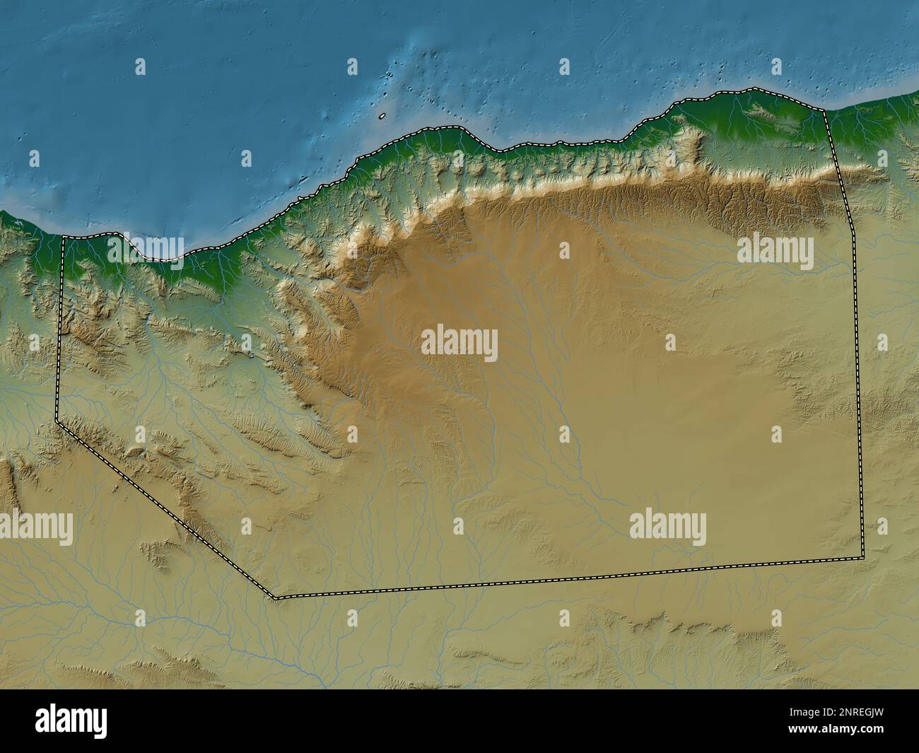 Sanaag, region of Somaliland. Colored elevation map with lakes and ...