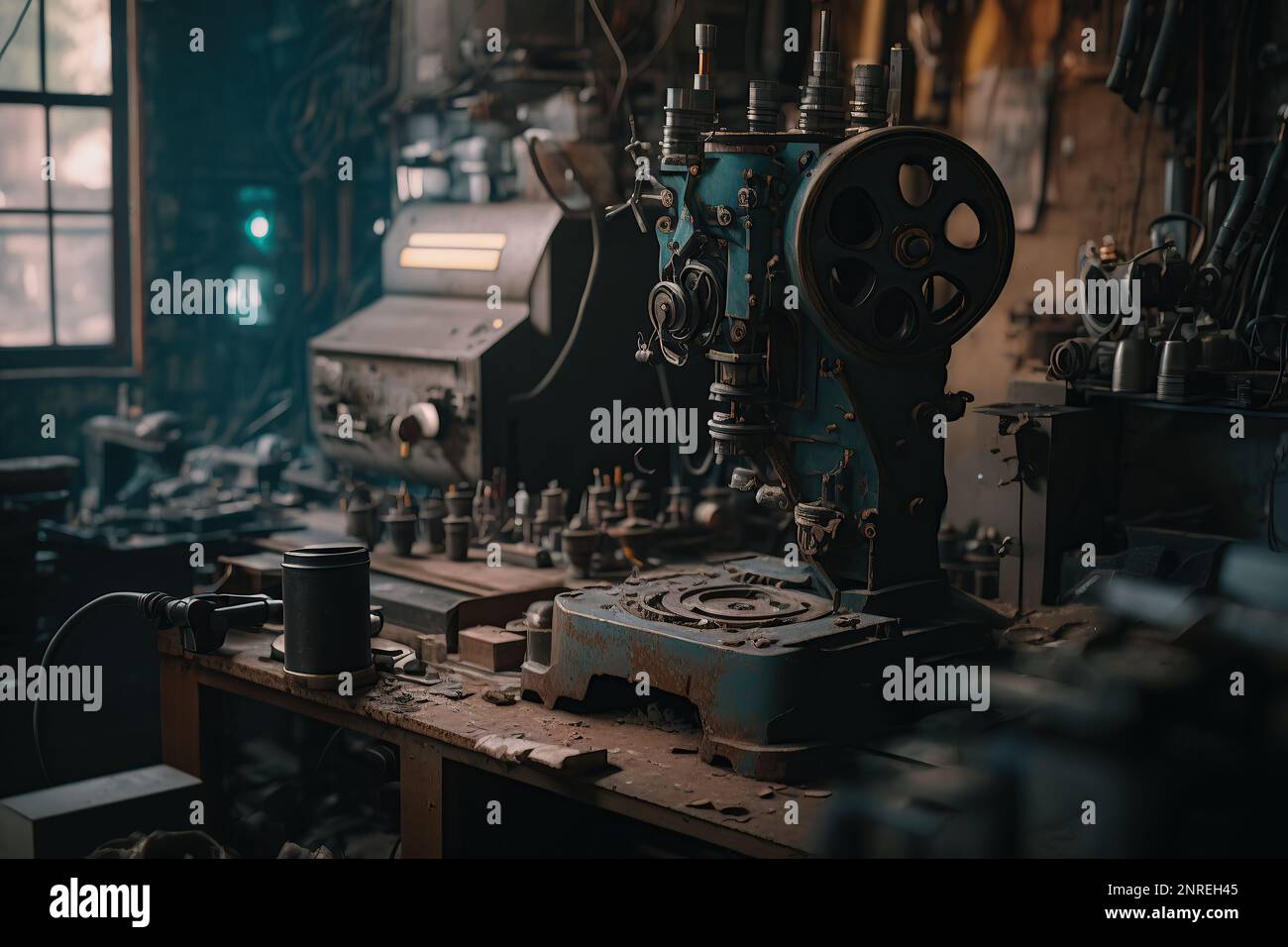 old empty mechanical workshop with many messy things created by ...