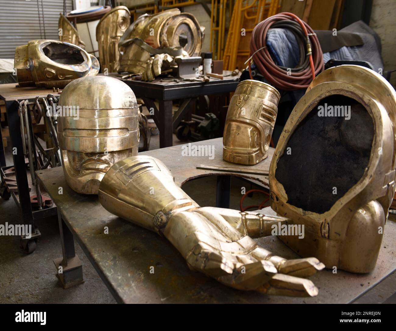 In this Sept. 19, 2017 photo, body parts for a RoboCop statue are ...