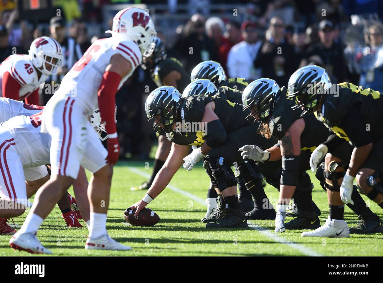 PASADENA, CA - JANUARY 01: Oregon Ducks (55) Jake Hanson (OL) gets ...