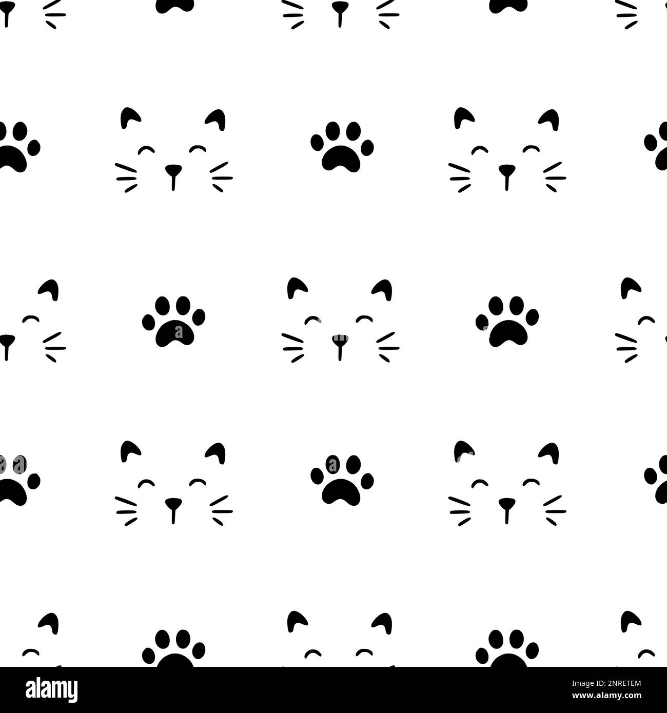 Cute cat face pattern seamless. Hand drawn sketch doodle kitty black ...