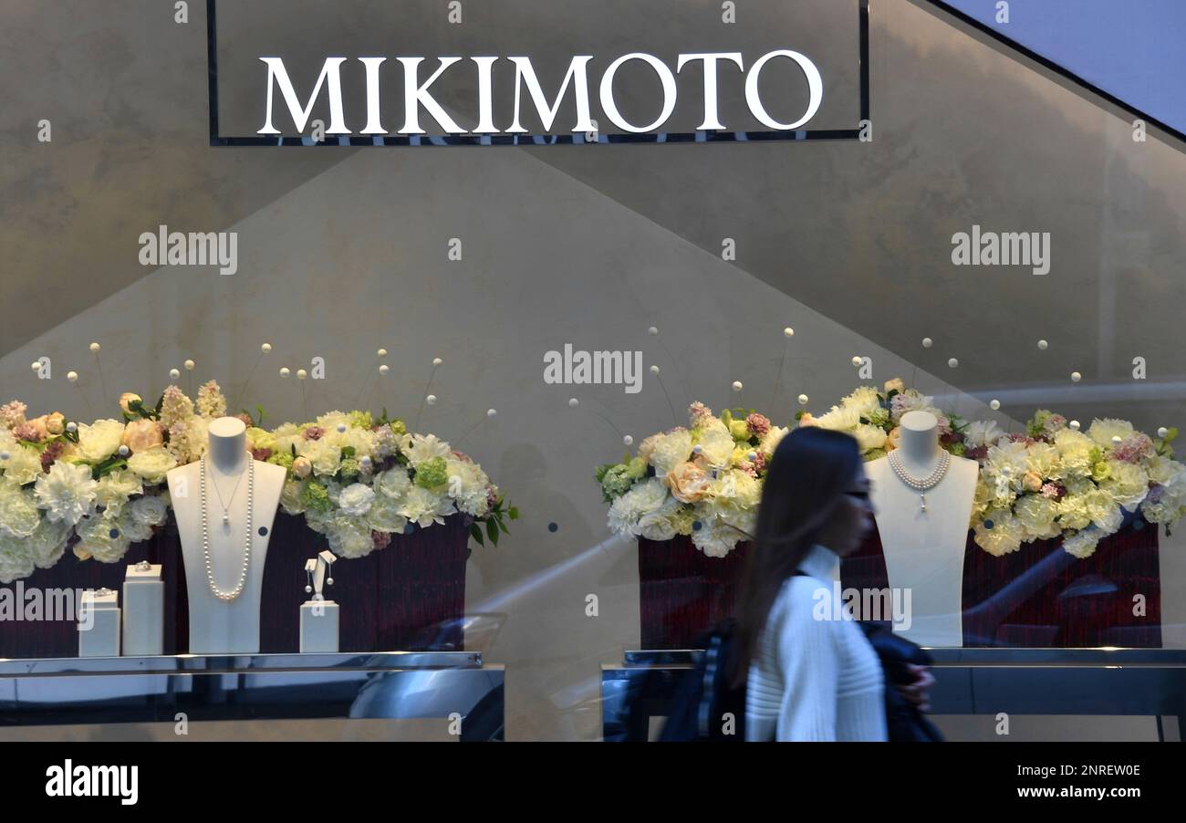 A picture taken on Dec. 29, 2019 shows a logo of MIKIMOTO in Ginza ...