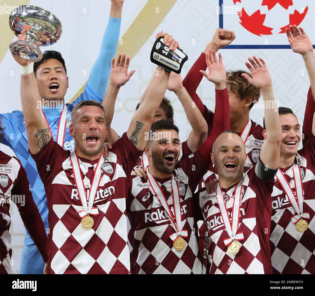 (L to R) Kobe's Lukas Josef Podolski, ANDRES INIESTA and David Villa ...