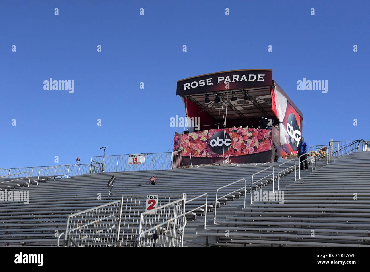 General overall view of the ABC broadcast booth in the grandstands at ...