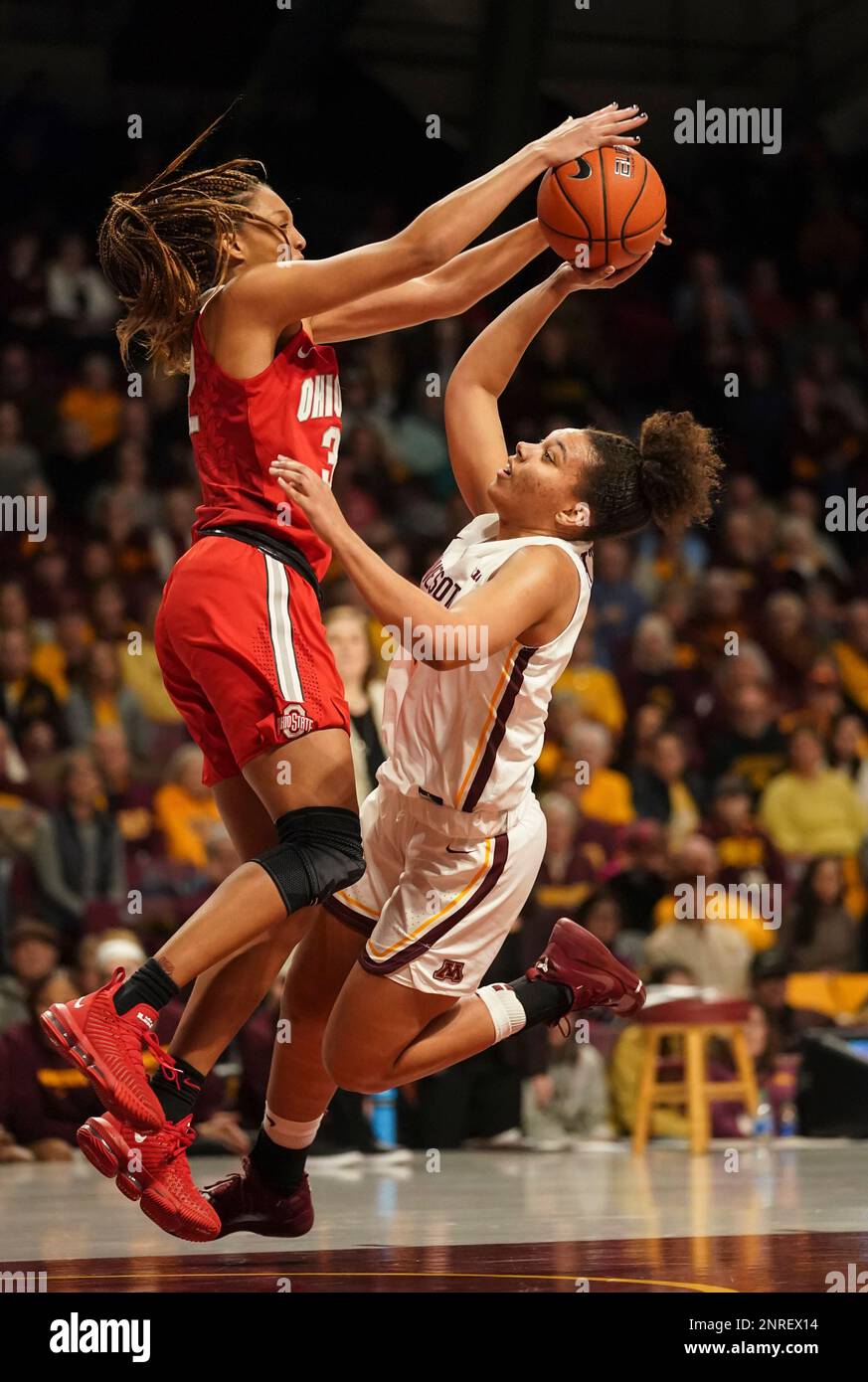 Ohio State forward Aaliyah Patty (32) stops Minnesota guard Destiny Pitts (3) from shooting ...