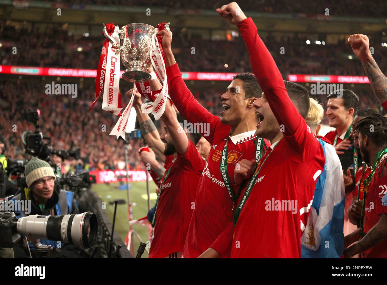 Wembley, UK. 26th Feb, 2023. Man Utd players including Raphael Varane ...