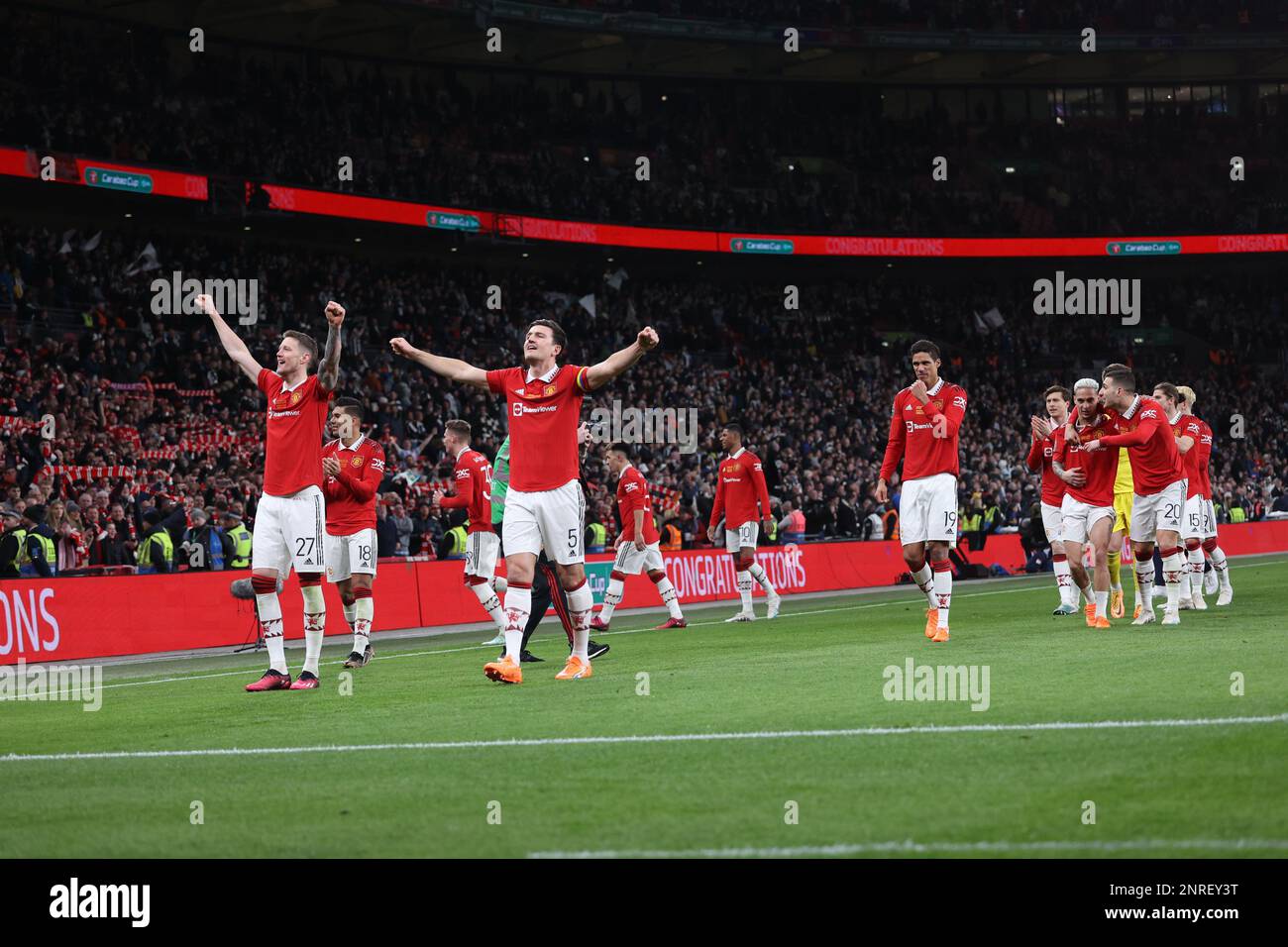 Wembley, UK. 26th Feb, 2023. Harry Maguire (MU) and his players ...