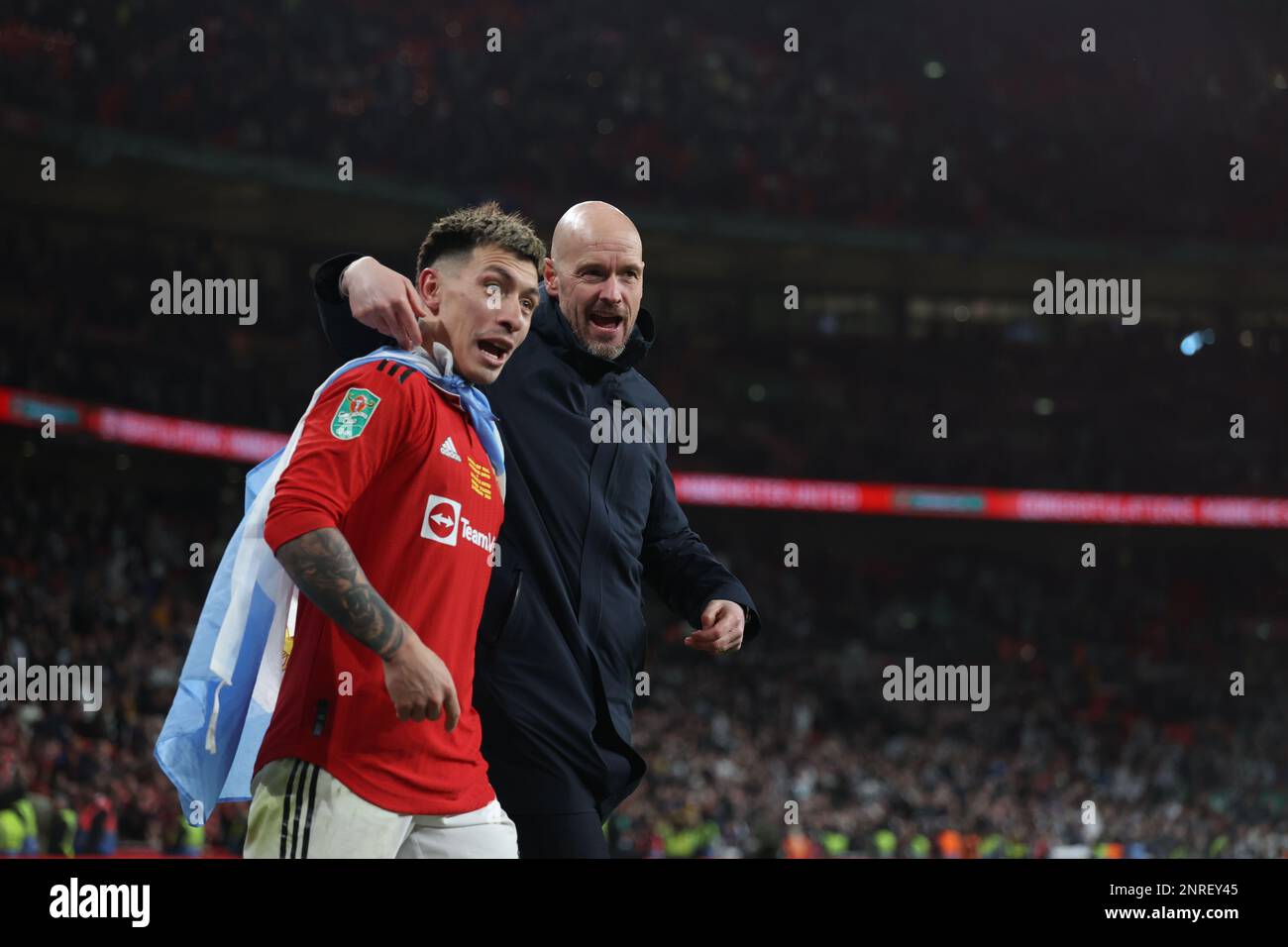 Wembley, UK. 26th Feb, 2023. Erik ten Hag (Man Utd manager) and ...