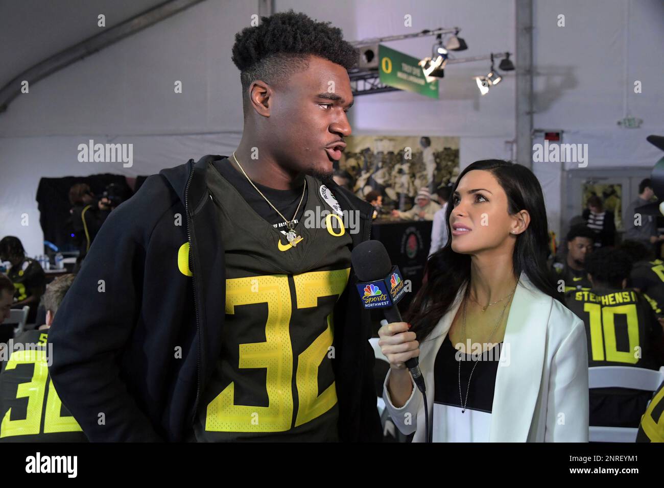 Oregon Ducks linebacker La'Mar Winston Jr. (32) is interviewed by NBC ...