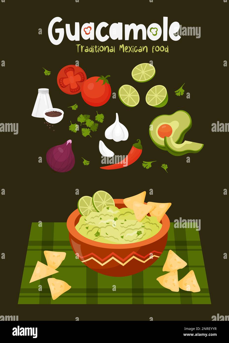 Vertical poster Mexican Guacamole on black background. Recipe with ...