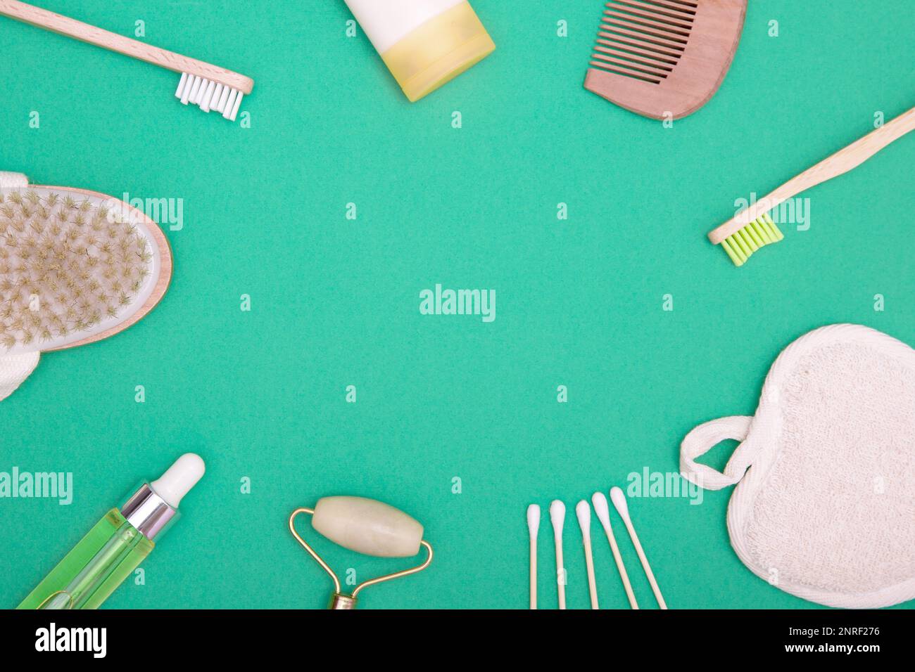 Frame from spa objects on a green background. Beauty background. The ...