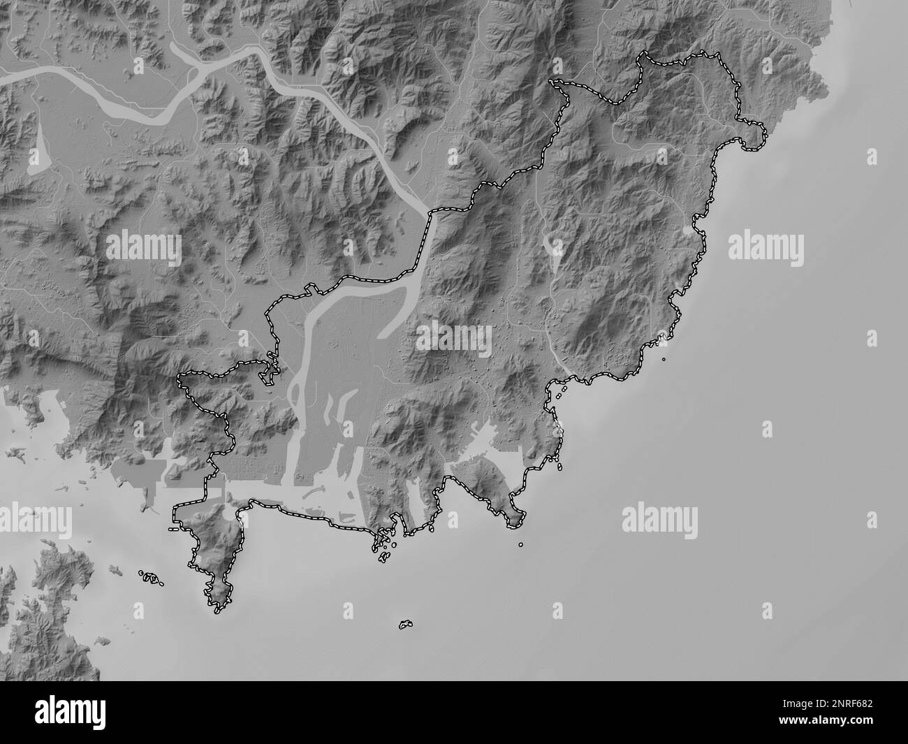 Busan, metropolitan city of South Korea. Grayscale elevation map with ...