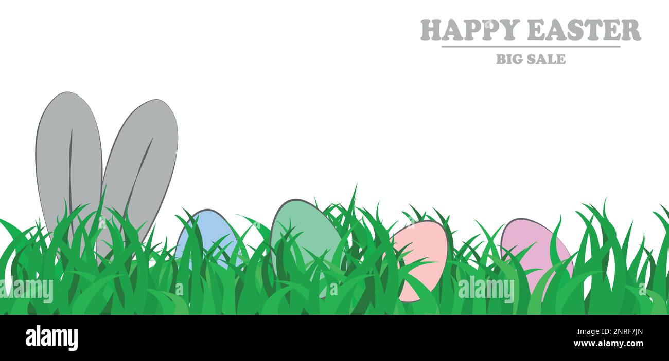 Wide banner with Easter bunny and eggs in green grass on a white ...