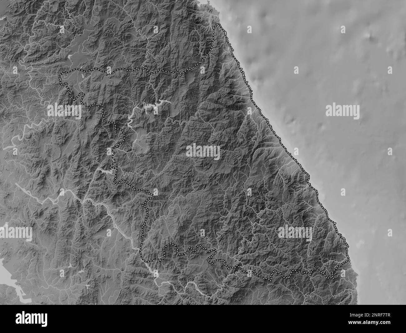 Gangwon-do, province of South Korea. Grayscale elevation map with lakes ...